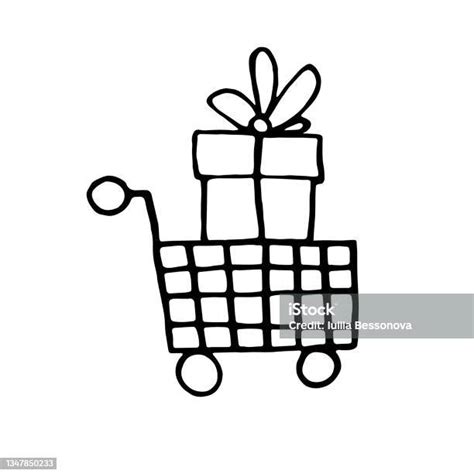 선물 상자가 있는 벡터 윤곽선 쇼핑 카트 검은 금요일을 테마로 낙서 스타일로 손으로 그린 기호 및 디자인 요소 상점에서 구입 할인 주식 판매 가을에 대한 스톡 벡터 아트 및