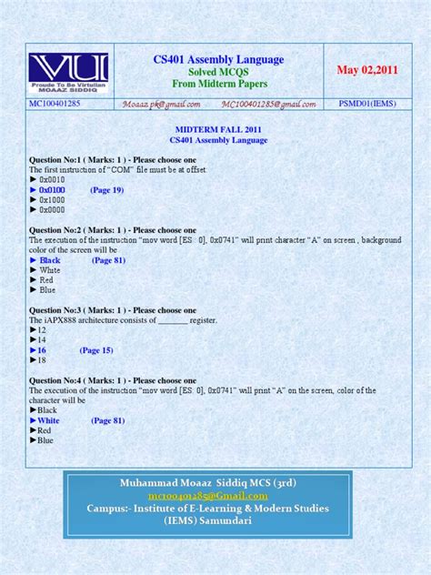 Cs401 Assembly Language Solved Mcqs From Midterm Papers Pdf Assembly Language Bit