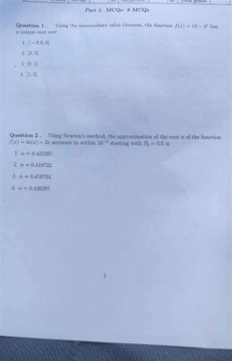 question 1 using the intermectiate value theorem