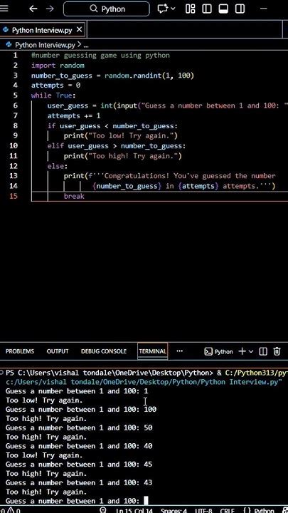 🧠 Python Number Guessing Game — Can You Guess It 🔢 Python Shorts
