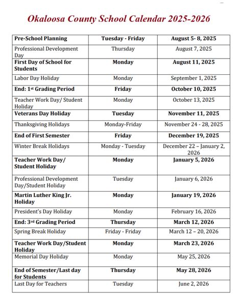 Okaloosa County School Calendar 2025 2026 And Academic Holiday