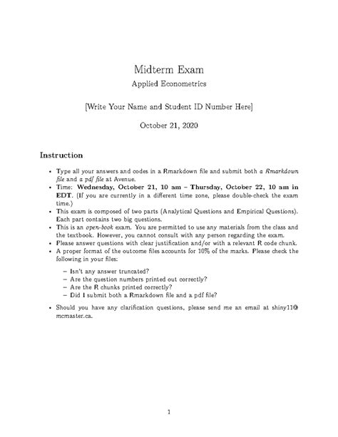 Midterm For Econometrics Midterm Exam Applied Econometrics Write Your Name And Babe ID