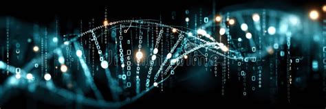 Digital Dna Helix Constructed From Glowing Lights And Flowing Binary
