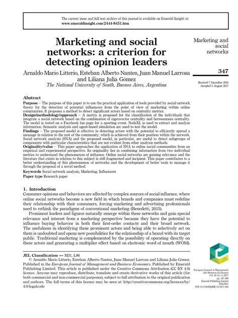 Marketing And Social Networks A Criterion For Detecting Opinion Leaders Pdf Communication
