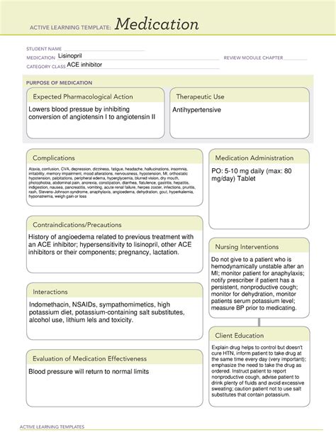Ati Medication Template Lisinopril Medication Student Lisinopril