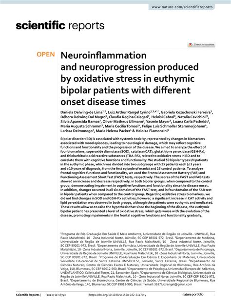 Pdf Neuroinflammation And Neuroprogression Produced By Oxidative Stress In Euthymic Bipolar