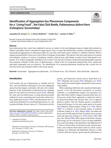 Pdf Identification Of Aggregation Sex Pheromone Components For A “living Fossil” The False