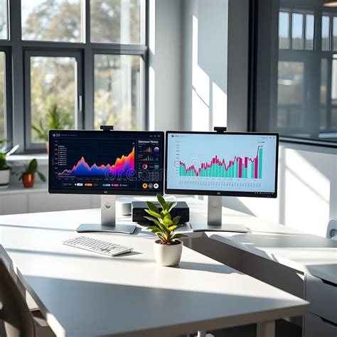 Modern Office Workspace With Financial Data Analysis On Dual Monitors