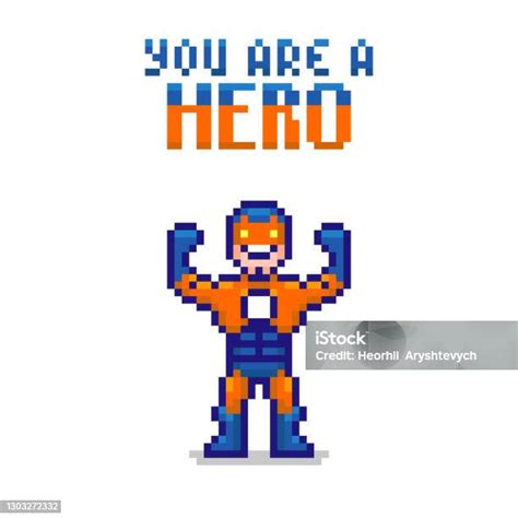 동기 부여 포스터슈퍼 히어로 포즈에서 웃는 만화 슈퍼 히어로의 간단한 평면 픽셀 아트 일러스트 가공의 인물에 대한 스톡 벡터 아트 및 기타 이미지 Istock