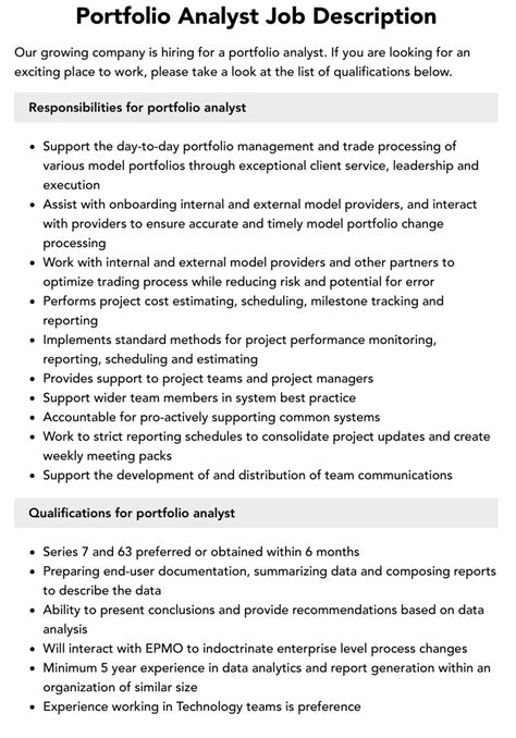 Portfolio Analyst Job Description Velvet Jobs
