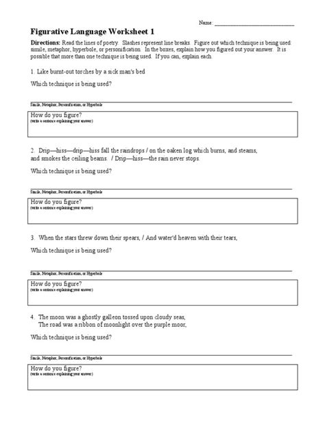 Figurative Language Worksheet 2 Answers Language Worksheets