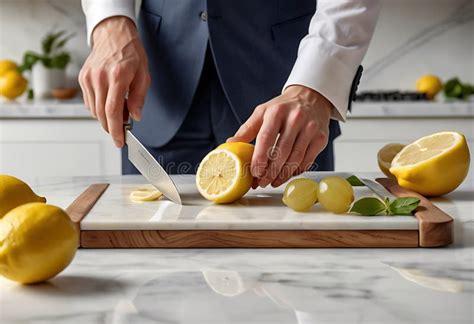 Chef Slicing Lemon On Elegant Marble Cutting Board Generative Ai Stock Illustration