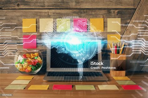 데스크톱 컴퓨터와 인간의 두뇌 그리기 홀로그램의 이중 노출 Ai 컨셉 개념에 대한 스톡 사진 및 기타 이미지 개념 개발 경제 Istock