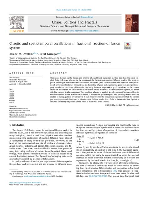 Pdf Chaotic And Spatiotemporal Oscillations In Fractional Reaction Diffusion System