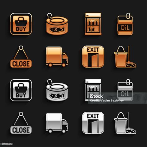 세트 배달화물 트럭 올리브 오일 병 걸레와 양동이 화재 출구 닫힌 매달려 기호 상업용 냉장고 구매 버튼 및 통조림 생선 아이콘 벡터 검은색에 대한 스톡 벡터 아트 및 기타