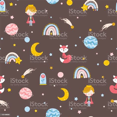 어린 왕자 원활한 패턴 여우 장미 행성과 별을 가진 소년 간단한 손으로 그린 만화 스타일의 벡터 일러스트레이션 파스텔 팔레트는