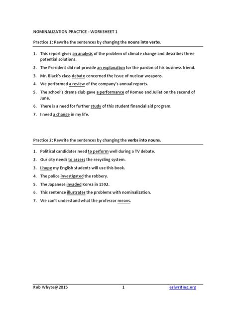 Nominalization Worksheet Pdf Sentence Linguistics Syntax