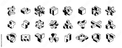 Isometric Hexagon Star Arrow Cubic And Abstract Logos Set Optical Illusion Retro 3d Icons