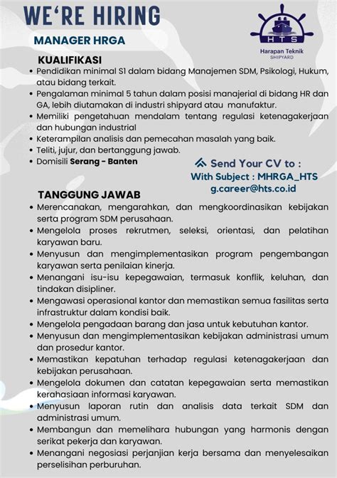 Dibutuhkan Segera Pt Harapan Teknik Shipyard Hrga Manager Kualifikasi