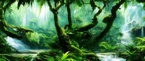 Jungle Waterfall Vector Illustration Fantasy Mystical Fauna Tropical Forest Landscape Panoramic