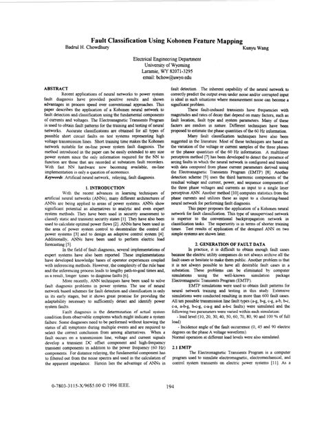 pdf fault classification using kohonen feature mapping