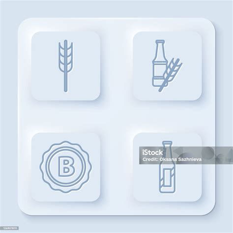 쌀 밀 옥수수 귀리 호밀 보리 맥주 병 비문 맥주와 맥주 병이있는 병 뚜껑으로 설정 된 시리얼 세트 흰색 정사각형 버튼 벡터