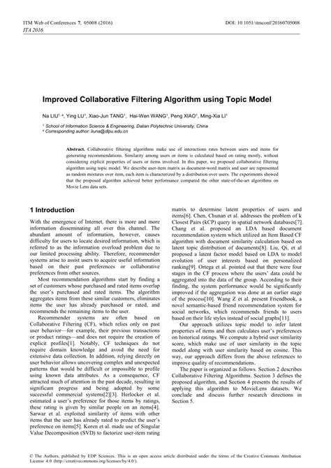 Pdf Improved Collaborative Filtering Algorithm Using Topic Model