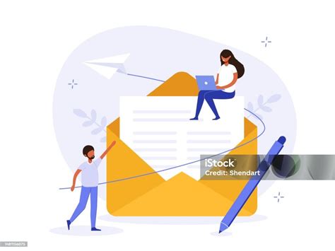 이메일 마케팅 그림 개념입니다 직원이 이메일을 보냅니다 종이 비행기와 큰 봉투 앞에 있는 사람들 크리에이 티브 플랫 벡터입니다 개념에 대한 스톡 벡터 아트 및 기타 이미지