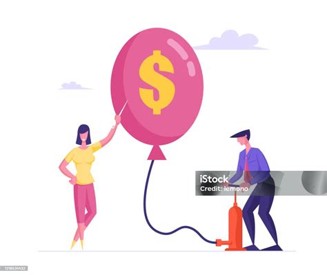 인플레이션 경제 또는 금융 위기 파산 자본 손실 개념 남성 캐릭터 팽창 풍선 와 달러 기호 를 사용하여 펌프 여자 들고 바늘 에 피어스만화 사람들 벡터 일러스트 개념에 대한