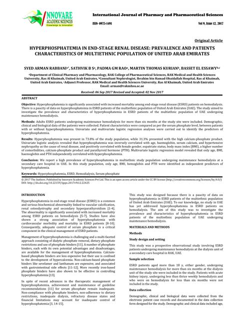 Pdf Hyperphosphatemia In End Stage Renal Disease Prevalence And Patients Characteristics Of