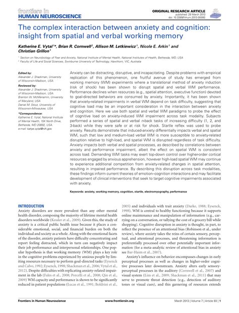 Pdf The Complex Interaction Between Anxiety And Cognition Insight From Spatial And Verbal