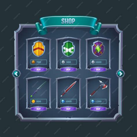 Free Vector Rpg Game Shop Menu Panel With Medieval Weapon Swords Axe And Shields In Metal