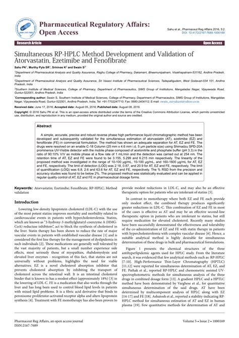 Pdf Simultaneous Rp Hplc Method Development And Validation Of Atorvastatin Ezetimibe And