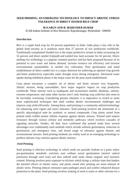 Pdf Seed Priming An Emerging Technology To Impact Abiotic Stress Tolerance In Direct Seeded