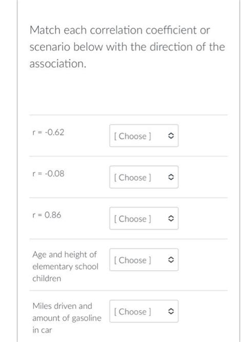 Solved Match Each Correlation Coefficient Or Scenario Below Chegg