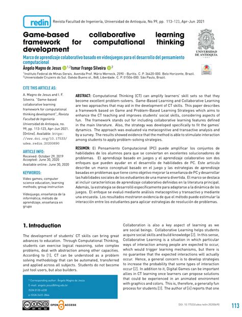 Pdf Game Based Collaborative Learning Framework For Computational Thinking Development