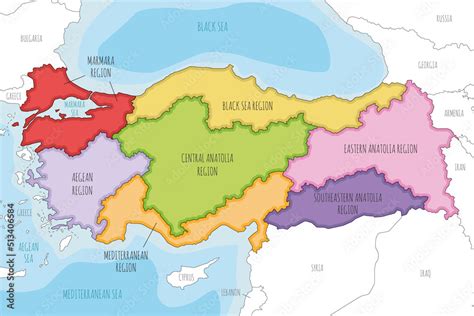 Vector Illustrated Map Of Turkey With Regions And Geographical
