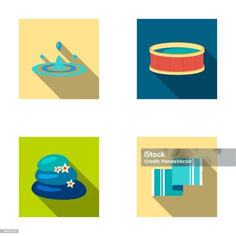 방울의 물 수영장 또는 온수로 물 동이 스파 돌 로터스 꽃 풀 타 올 스파는 플랫 스타일 벡터 기호 재고 일러스트 웹에서 컬렉션 아이콘을 설정합니다 골반에 대한 스톡 벡터