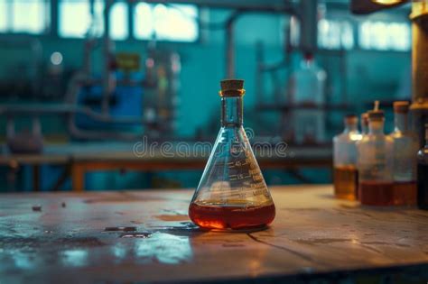 Erlenmeyer Flask Containing Orange Chemical Liquid Sitting On Table In
