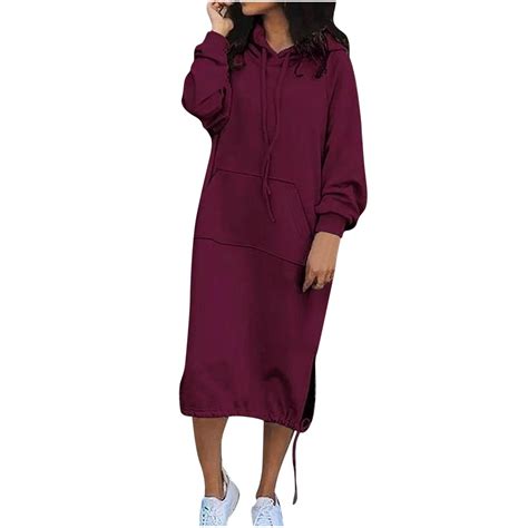 Womens Casual Hoodies Dress Long Sleeve Split Hooded Long Maxi
