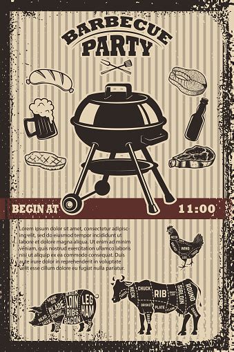 Barbekü Partisi El Ilanı Şablonu Izgara Yangın Izgara Et Bira Kasap Araçları Tasarım Poster
