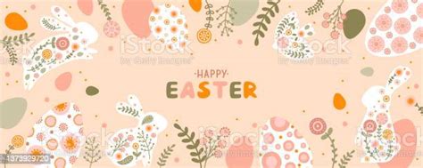 실루엣 부활절 달걀 토끼 꽃과 평면 스타일로 텍스트에 대한 공간 템플릿 파스텔 색상의 귀여운 봄 달걀과 토끼 배너 벡터 일러스트레이션 개념에 대한 스톡 벡터 아트 및 기타