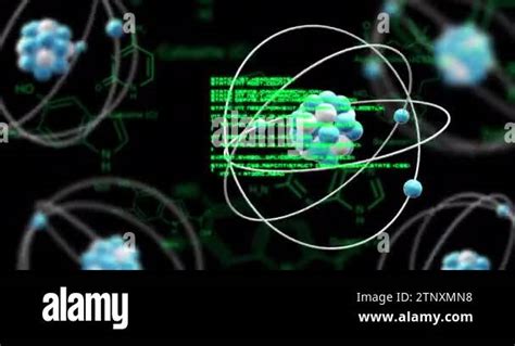 animation of atom model spinning and data processing on black background global science