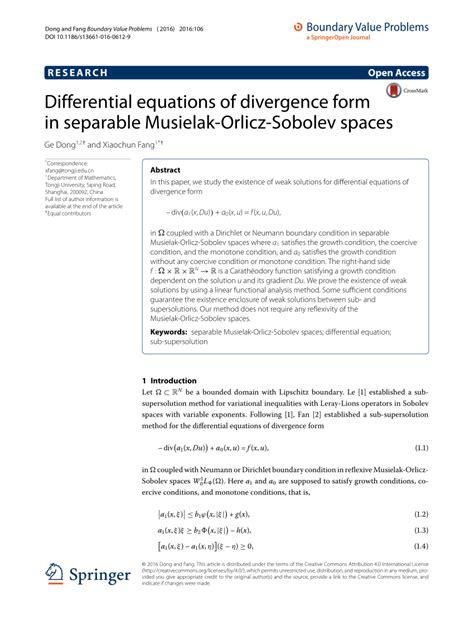 Pdf Differential Equations Of Divergence Form In Separable Musielak Orlicz Sobolev Spaces