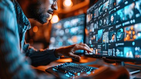 It Specialist Working On Computer With Multiple Monitors Showing Software Neural Network