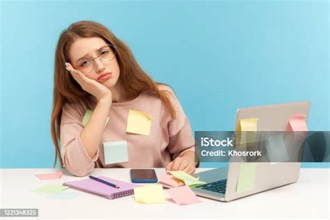 Exhausted Overworked Woman In Nerd Glasses Sitting Covered With Sticky