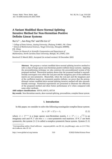 Global Science Press A Variant Modified Skew Normal Splitting Iterative Method For Non