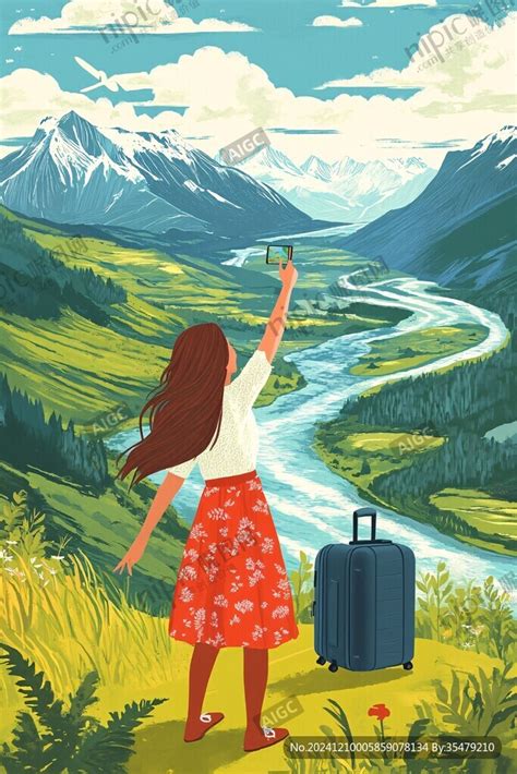 Ai创作图立夏节气美女假期旅游 户外郊游插画 拥抱大自然插画 夏天毕业旅行户外插画 去旅游插画 五一出游插画 女孩旅行游玩 旅行插画海报 五一节旅游插画 旅游旅行郊游 旅游插画宣传素材背景