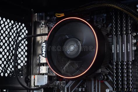 Macro Photography Of A Modern AMD Cooler With A Beautiful Red Light And Corsair Computer Gaming