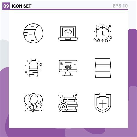 group of 9 outlines signs and symbols for marketing monitor clock drink